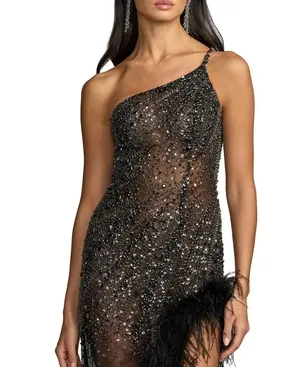 Mac Duggal One Shoulder Embellished Dress With Trim