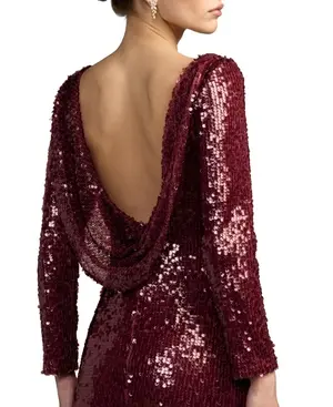 Mac Duggal High Neck Long Sleeve Cowl Back Sequin Gown