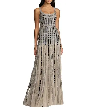 Mac Duggal Sleeveless Geometric Mirror Embellished Gown - Silver