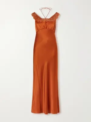 Miguelina Crochet-knit Trimmed Silk-blend Charmeuse Halterneck Maxi Dress