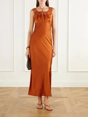 Miguelina Crochet-knit Trimmed Silk-blend Charmeuse Halterneck Maxi Dress