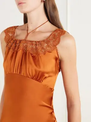 Miguelina Crochet-knit Trimmed Silk-blend Charmeuse Halterneck Maxi Dress