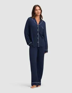 Cozy Earth Bamboo Stretch-knit Long Sleeve Shirt Pajama Set Tall - Navy