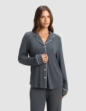 Cozy Earth Bamboo Rib-knit Classic Long Sleeve Shirt Pajama Top - Graphite