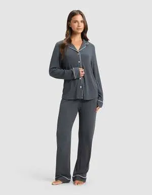 Cozy Earth Bamboo Rib-knit Classic Long Sleeve Shirt Pajama Set - Graphite