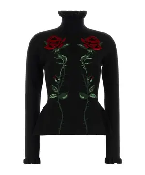 Blumarine Rose Embroidered Turtleneck Sweater - Black