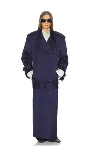 HELSA Trench Coat With Low Belt In Double Face Satin - Navy