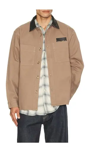 PALMES Twill Leather Collar Overshirt In Brown - Fossil