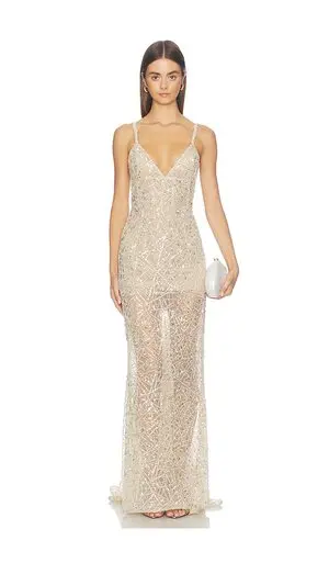 BRONX BANCO V-neck Embellished Gown In Silver