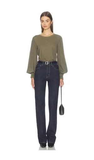 BOBI Smocked Cuff Rib Neck Tee In Green