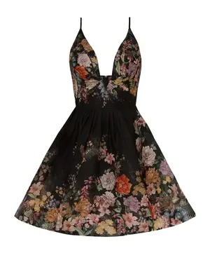 Zimmermann Pavilion V-neck Mini Dress - Black Multi-flower Pattern