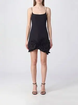 Blumarine Taffeta Mini Sheath Dress With Square Neckline And Flower Appliqu - Black