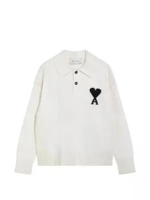 AMI Paris White Wool Polo With De Coeur