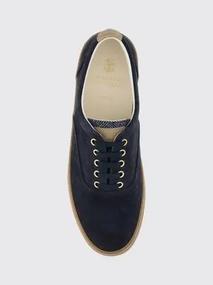 Brunello Cucinelli Low Top Calfskin And Suede Sneakers With Laminated Logo