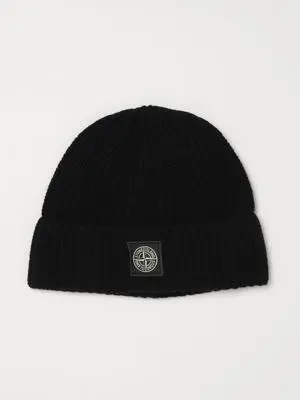 Stone Island Ribbed Wool Beanie With Compass Logo Patch Black