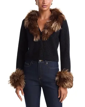 Cinq À Sept Della Faux Fur Trim Wool V Neck Cardigan