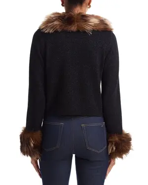 Cinq À Sept Della Faux Fur Trim Wool V Neck Cardigan