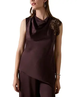 Whistles Lace Trim Asymmetrical Satin Top - Chocolate