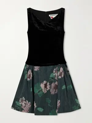 Bernadette Yael Pleated Floral-print Velvet And Taffeta Mini Dress - Multi