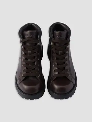 Prada Lace-up Leather And Re-nylon Booties - Brown