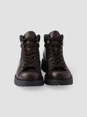 Prada Lace-up Leather And Re-nylon Booties - Brown