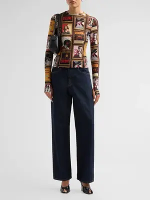 Alice + Olivia Delaina Printed Long-sleeve Crewneck Top
