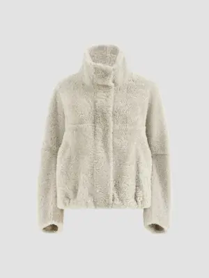 Brunello Cucinelli Fuzzy Shearling Outerwear Coat With Monili - Grey