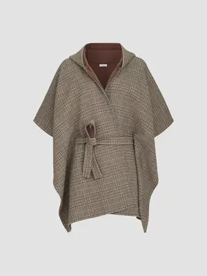 Brunello Cucinelli Hand-crafted Reversible Hooded Poncho In Cashmere Prince Of Wales Double Cloth - Brown
