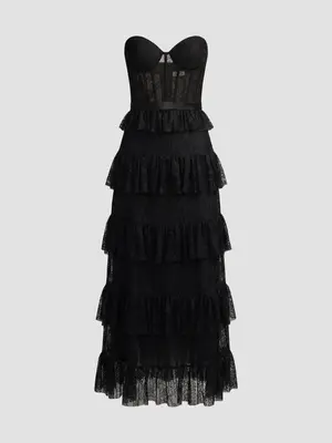 Mac Duggal Ruffled Bustier Lace Strapless Midi Dress - Black