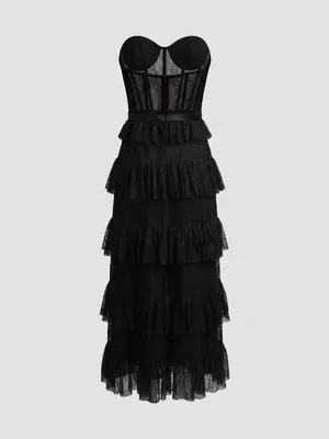Mac Duggal Ruffled Bustier Lace Strapless Midi Dress