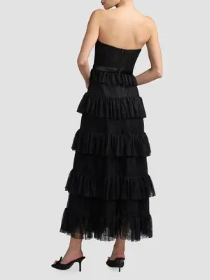 Mac Duggal Ruffled Bustier Lace Strapless Midi Dress
