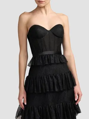 Mac Duggal Ruffled Bustier Lace Strapless Midi Dress