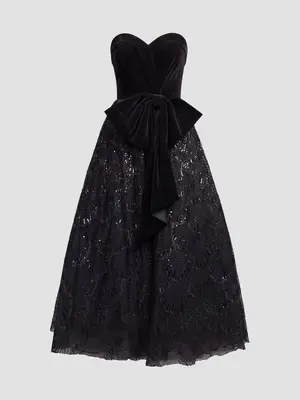 Mac Duggal Sequined Strapless Velvet-bow Midi Dress