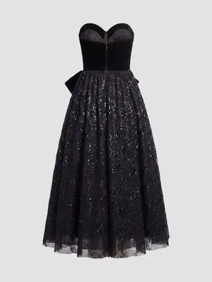 Mac Duggal Sequined Strapless Velvet-bow Midi Dress