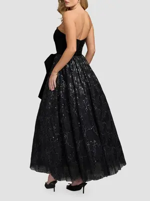 Mac Duggal Sequined Strapless Velvet-bow Midi Dress