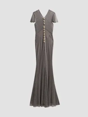 SELF-PORTRAIT Rhinestone Fishnet Mesh Mermaid Maxi Dress - Grey