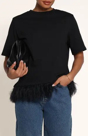 PETAL & PUP Darleah Feather Trim T-shirt - Black