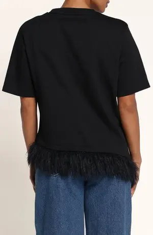 PETAL & PUP Darleah Feather Trim T-shirt - Black