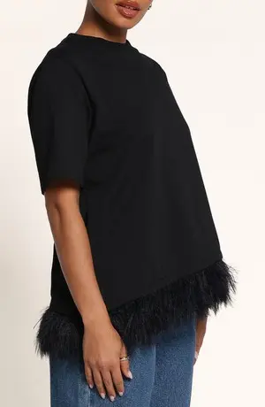 PETAL & PUP Darleah Feather Trim T-shirt - Black