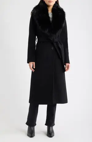 Michael Kors Belted Wool Blend Coat With Faux Fur Collar