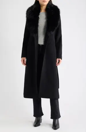 Michael Kors Belted Wool Blend Coat With Faux Fur Collar