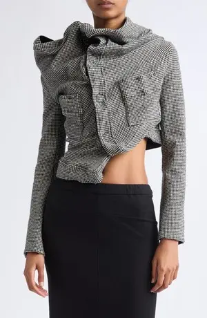 Junya Watanabe Asymmetrical Draped Wool Blend Jacket - Houndstooth