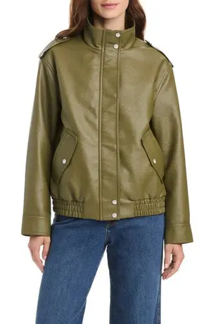 Vince Camuto Faux Leather Bomber Jacket Olive