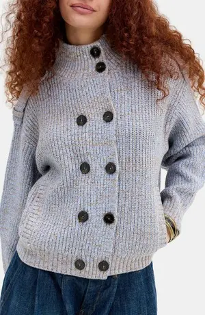 BDG URBAN OUTFITTERS Ribbed Double Breasted Funnel Neck Cardigan - Blue