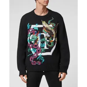 Philipp Plein Wool Cotton Pullover Round Neck Ls Tattoo Patches Unisex Black
