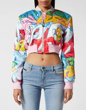 Philipp Plein Satin Cropped Bomber Bombing Graffiti