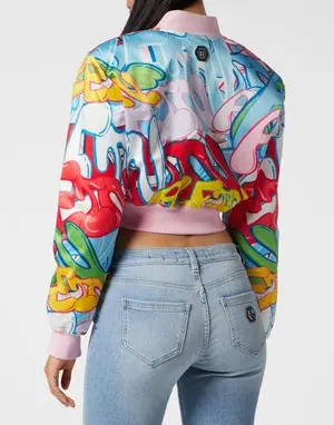 Philipp Plein Satin Cropped Bomber Bombing Graffiti