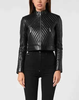 Philipp Plein Vintage Leather Biker Jacket Ls Flame - Black