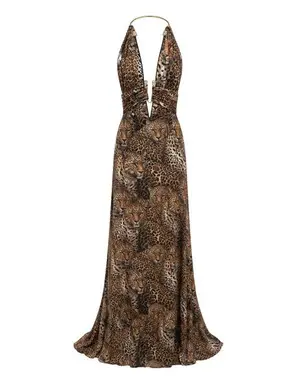 Philipp Plein Open Back Piercing Long Dress All-over Leopard - Beige