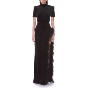 BRONX BANCO Feather Trim Velvet Maxi Dress - Black